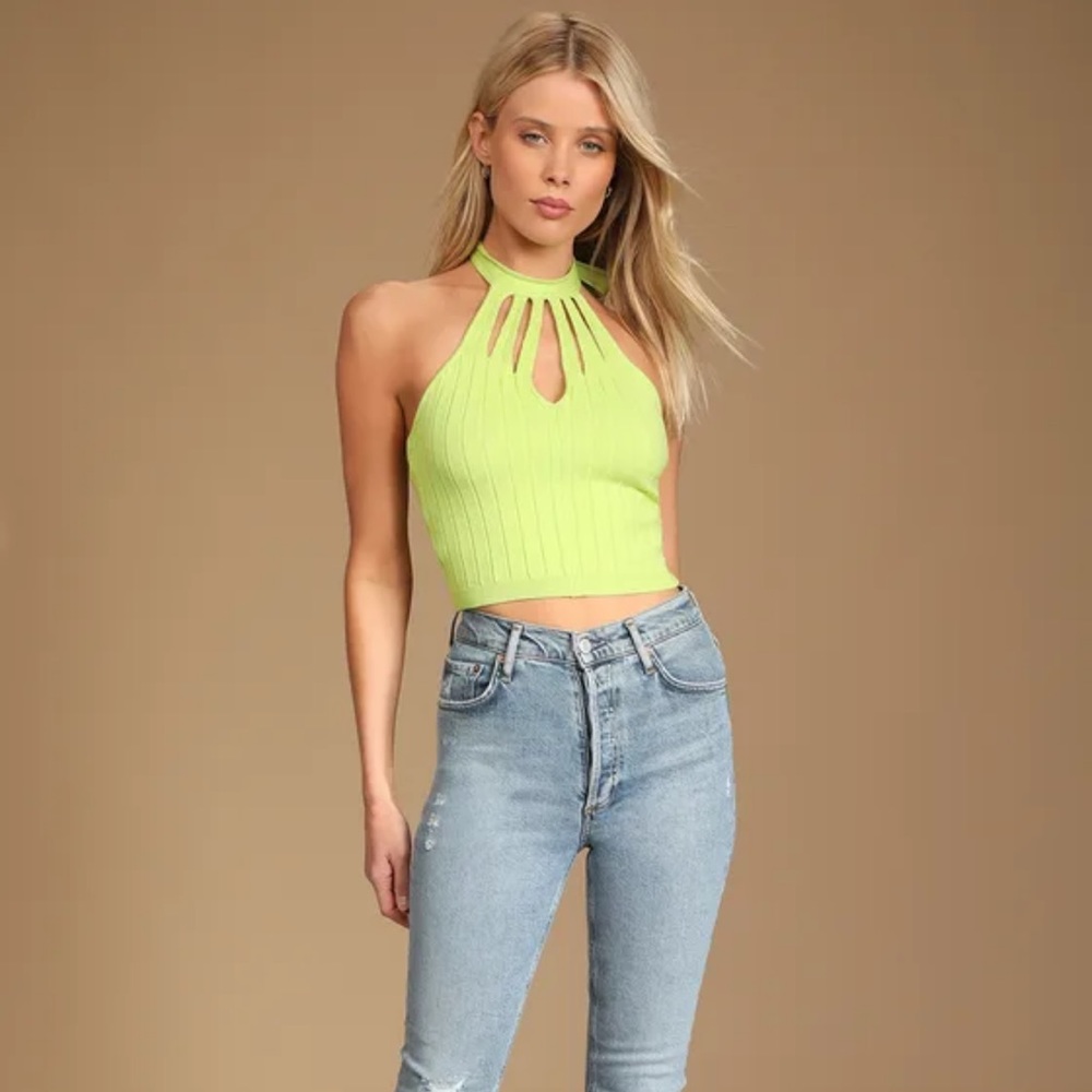 Lulus Style Strike Lime Green Ribbed Knit Cutout Crop… - Gem